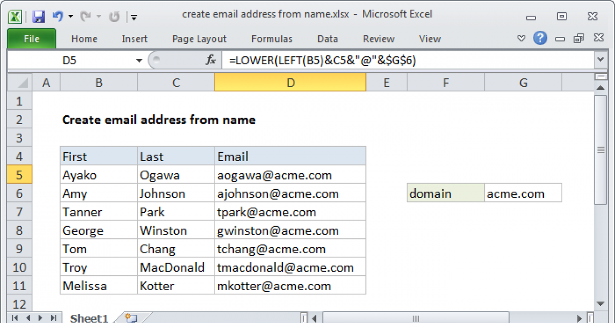 Create Email Address With Name And Domain Excel Formula Exceljet